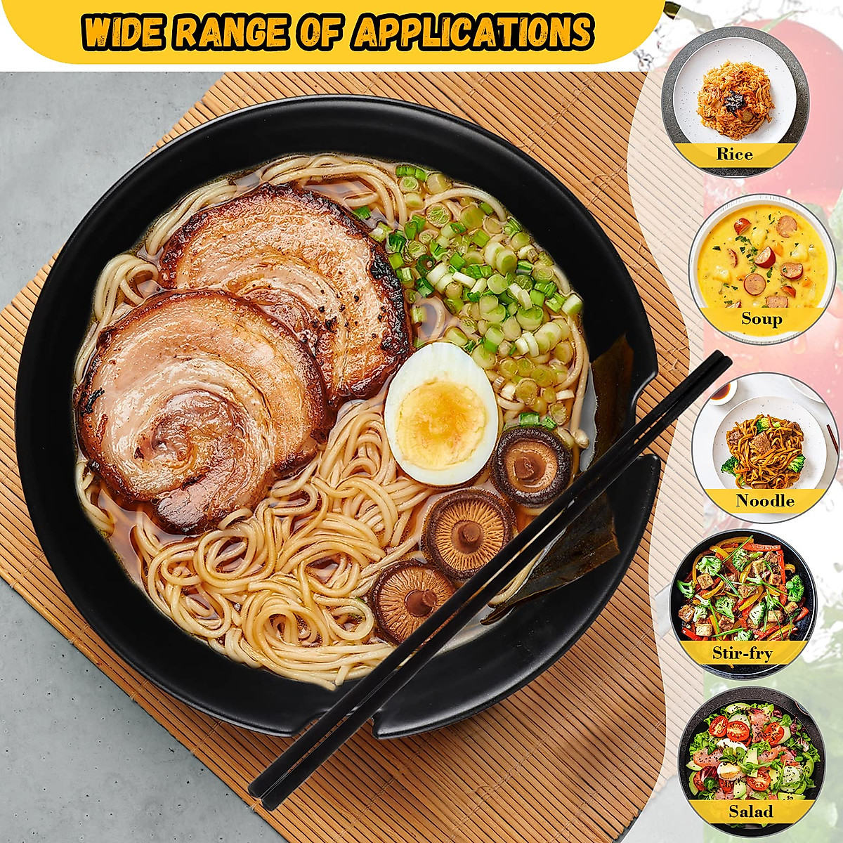 Sunnyray Set of 2 Japanese Ramen Bowl Set 37 oz Melamine Black Large Ramen Noodle Bowl Asian Chinese Korean Miso Soup Bowl with Spoons Chopsticks Saucers and Chopsticks Holders for Pho Udon Thai Soba