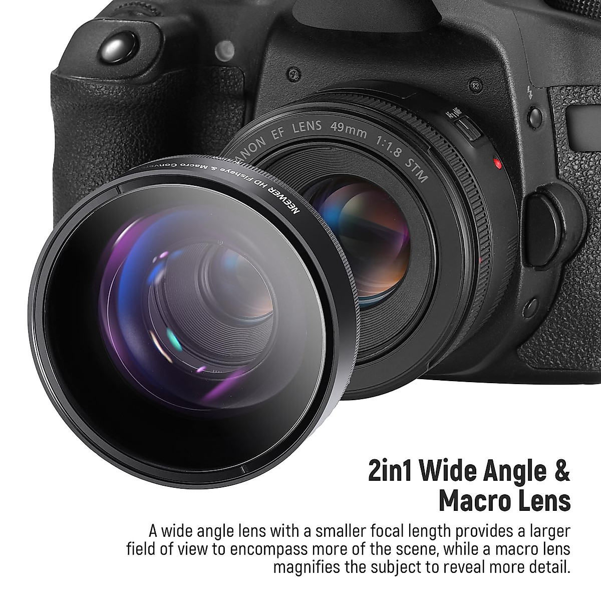 NEEWER 49mm 0.43X Fisheye & 1.4X Macro Lens, 18mm Focus Compatible with Canon EOS Kiss M2 RP R10, 40.5-49mm Adapter Ring (not Included) Needed for Sony ZV-E10 A6400 A7 IV Nikon Z50, LS-20