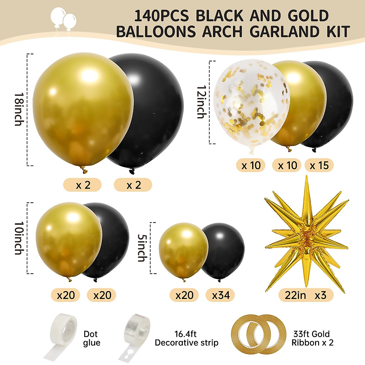 RUBFAC 140pcs Black and Gold Balloons, Balloons Arch Kit 5 10 12 18 inch Black Metallic Gold Confetti Latex Balloons for Graduation Birthday Baby Shower Wedding Anniversary Party Decorations