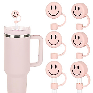 Whaline 6Pcs Smile Face Straw Covers Light Pink Double Sided Pattern Straw Tip Covers 0.4 Inch Silicone Reusable Round Straw Topper for 30 & 40 OZ Tumbler with Handle
