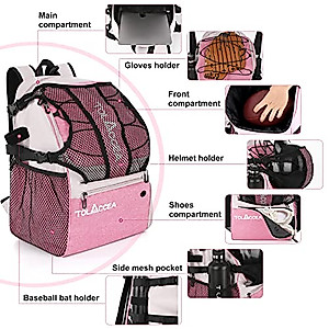 Girls Baseball Bag, Youth Baseball Backpack, Bat Bag for Baseball, T-Ball & Softball Equipment, Baseball Bat Backpack Girls with Helmet Holder, Shoes Compartment and Fence Hook Holds Helmets, Shoes, Bat, Glove (Pink)