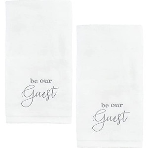AuldHome Design Guest Towels (Set of 2, White w/Gray); Be Our Guest Monogrammed Hand Towels