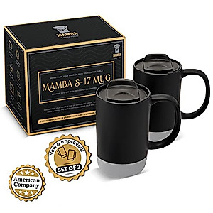 Extra Large Ceramic Coffee Mug w/Lid and Removable Silicone Base - 17 ounce Slideproof Coffee Cups w/Handle and Sip and Cover Lid - Set of 2 Dishwasher Safe Ceramic Travel Mugs - Reusable Black Cup
