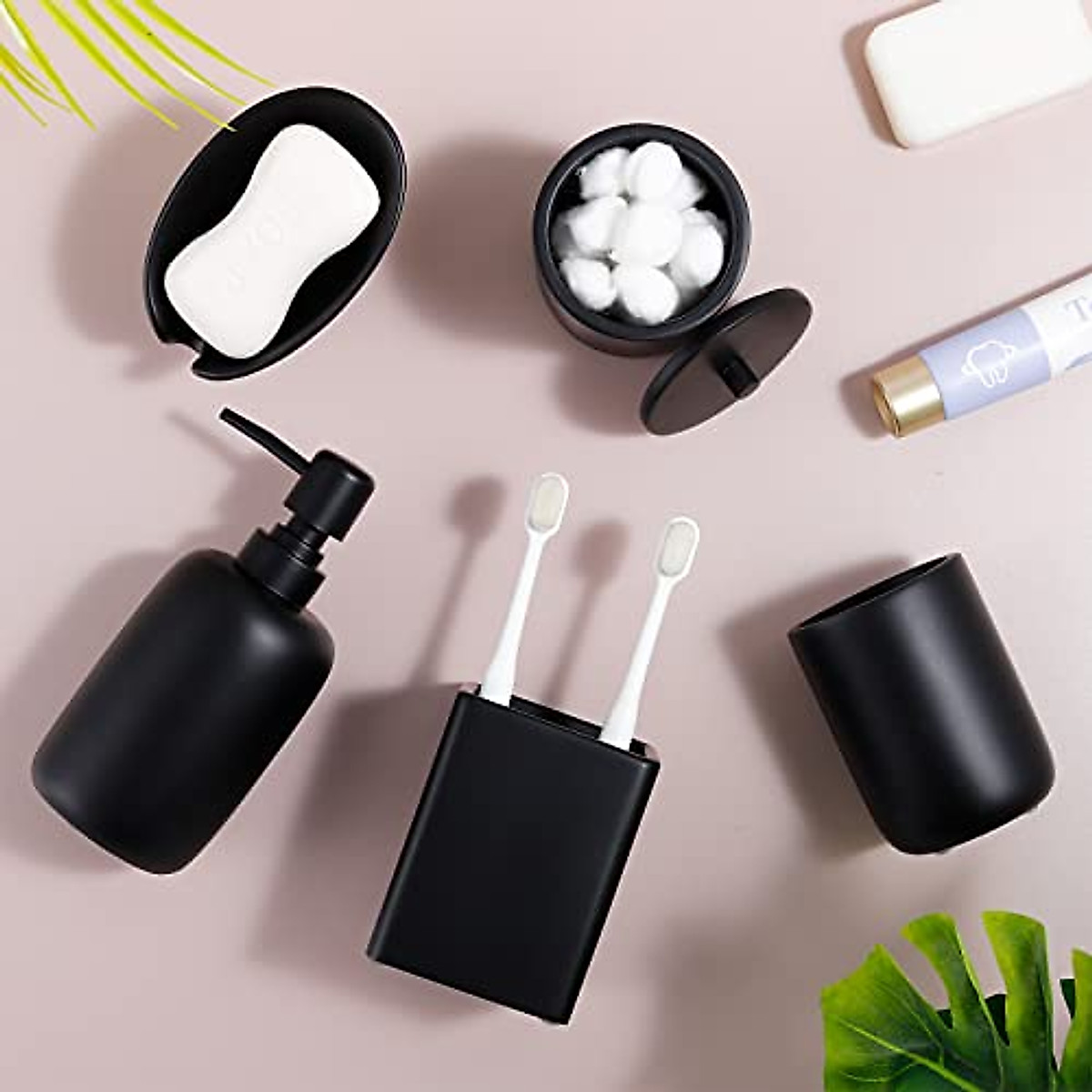 Resin Matte Black Bathroom Accessory Set of 5, Lotion Soap Dispenser, Bathroom Organizer Accessories, Toothbrush Holder, Self Draining Soap Hoder and Bathroom Tumbler for Modern Home Decor