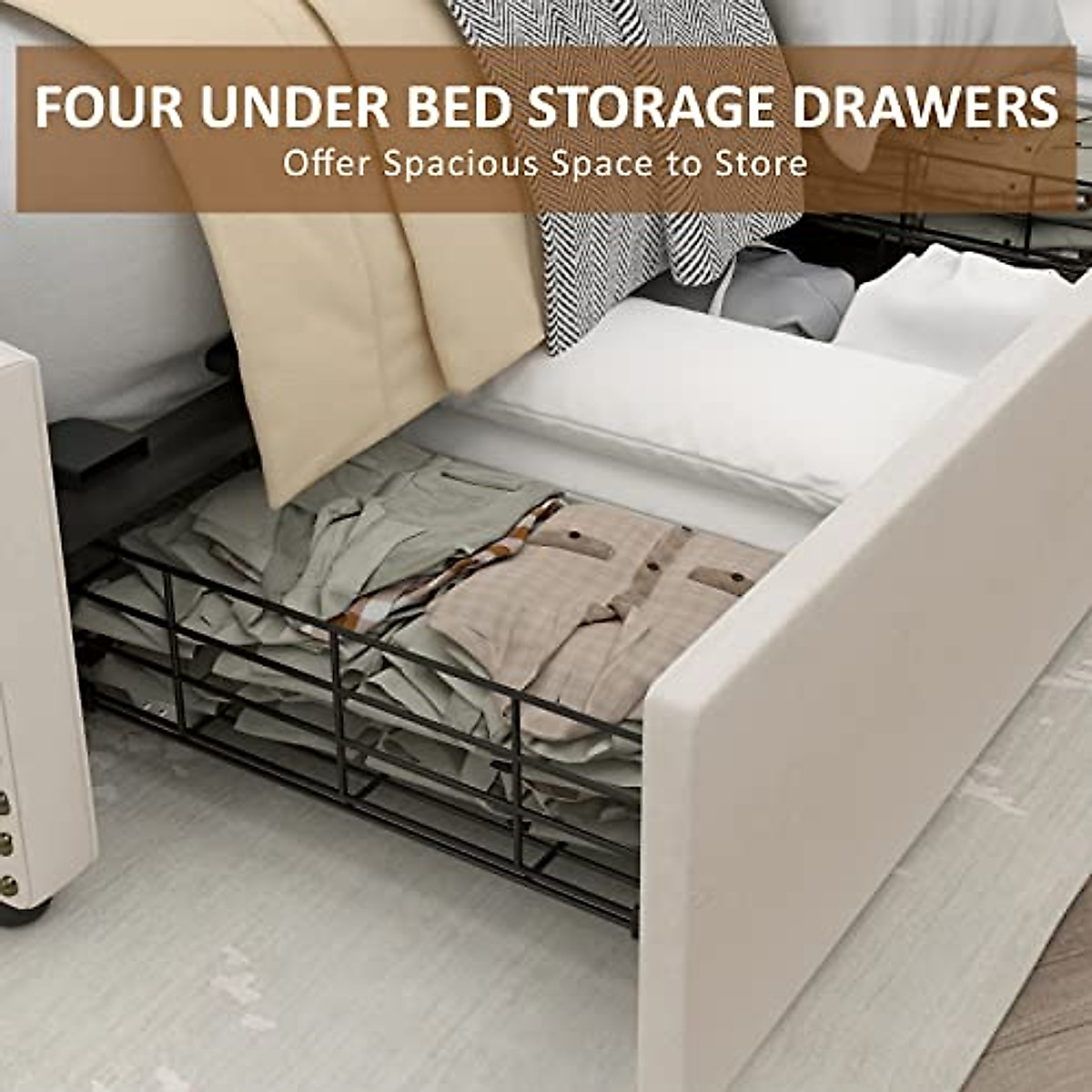 AMERLIFE Queen Size Bed Frame with 4 Storage Drawers and Headboard, Queen Velvet Upholstered Platform Bed with Rivet Curved Adjustable Headboard/Strong Wooden Slats/Easy Assembly/Cream