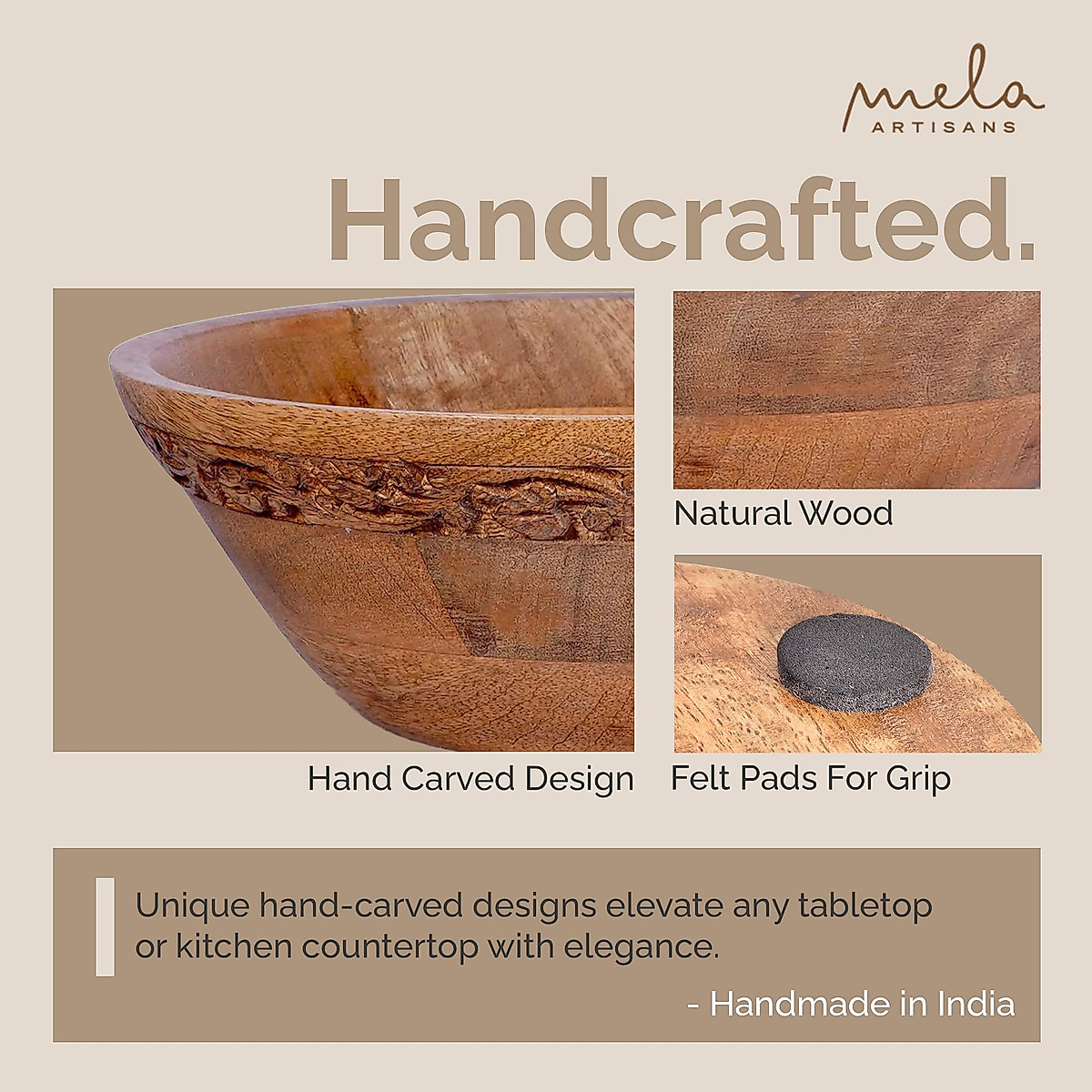 Jasmine Large Wooden Bowl (Medium Burnt, 12 x 4.5 x 11) – Mango Wood Decorative Bowl for Veggies, Fruits, & More – Handmade Wooden Serving Bowl w/ 3 Felt Pads - Modern Rustic Home Decorations