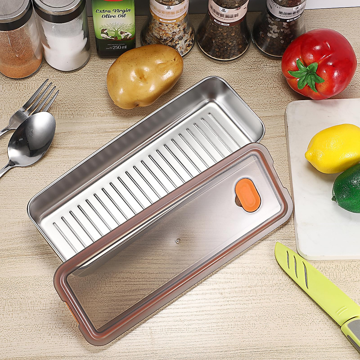 JUXYES Bacon Storage Container for Refrigerator, Stainless Steel Bacon Storage Box for Fridge with Transparent Lid, Airtight Bacon Storage Keeper, Deli Meat Saver Cuts Food Storage Organizer