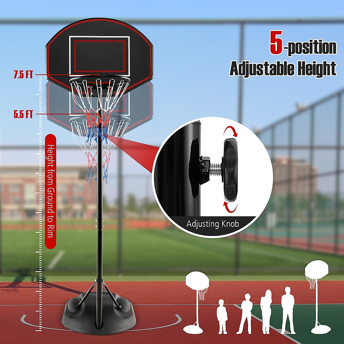 Goplus Portable Basketball Hoop Outdoor, 5.5-7.5 FT Basketball Goal with 5 Adjustable Height, 32" Shatterproof Backboard, Wheels, Fillable Base, Indoor Basketball Stand for Kids Teenagers Youth Adults