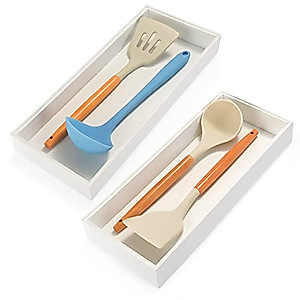 Lixple Kitchen Drawer Organizer - 2 Pack, Stackable Bamboo Drawer Organizers, Wooden Storage Box Tray for Cabinet, Pantry, Bathroom Countertop, Multi-use Organization and Storage (White)