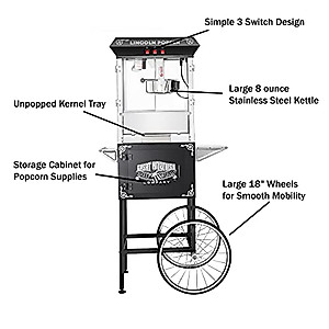 GREAT NORTHERN POPCORN COMPANY 6005 Black Antique Style Lincoln Popcorn Popper Machine w/Cart 8 Oz