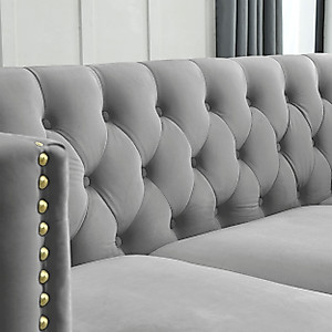 VITOVMA L-shaped Velvet Corner Couch, 82.2'' Chesterfield Sofa 5 Seater Upholstered Tufted Small Sectional Couch with Nailhead Trim, for Living Room, Home, Apartment, Dorm (Grey)