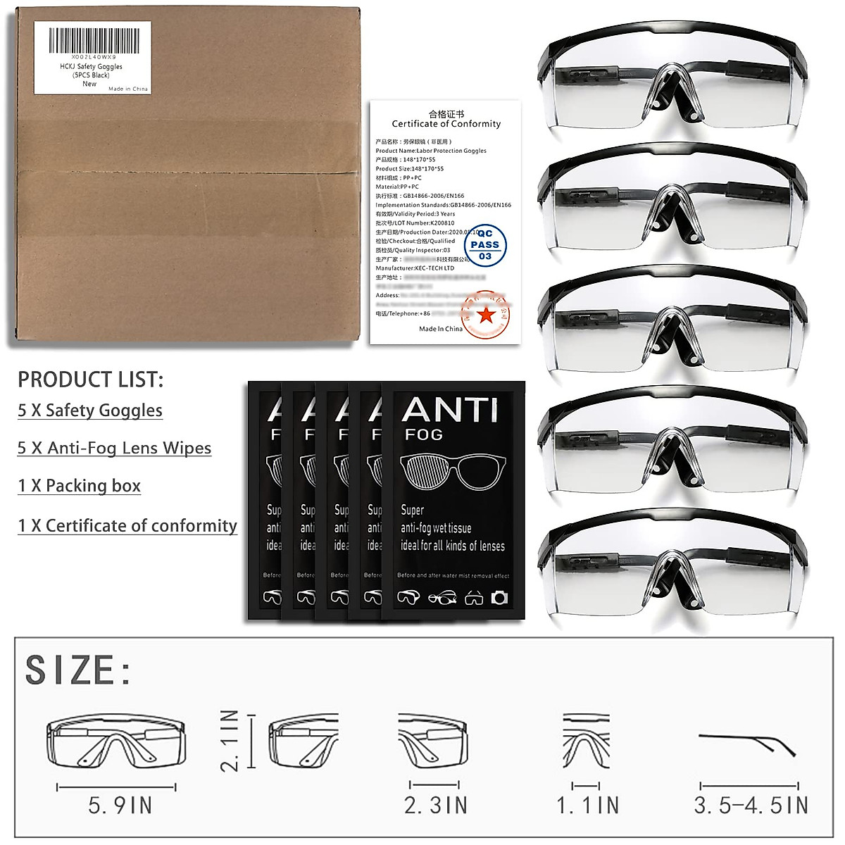 HANCHS Safety Goggles,5PCS Adjustable Wide-Vision Protective Glasses, Lightweight Fog-Proof Safety Glasses (Black)