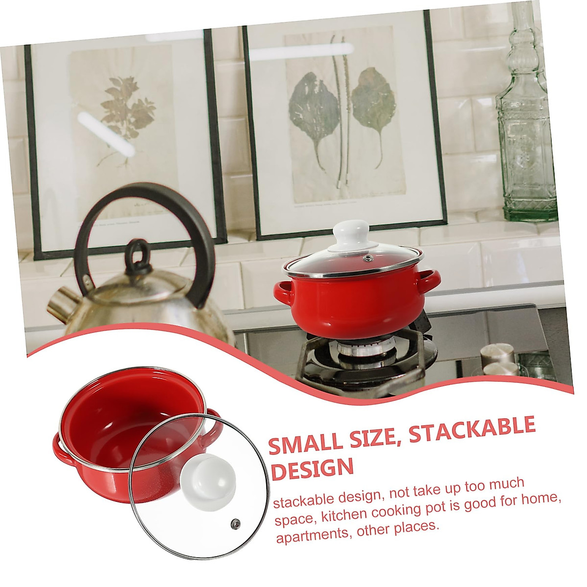 SHOWERORO 3pcs Enamel Pot Enamel Stockpot with Lid Soup Pot with Lid Small Pots for Cooking Quart Stock Noodle Pot Milk Pot Cookware Kitchen Pots With Cover Red Instant Noodle Pot