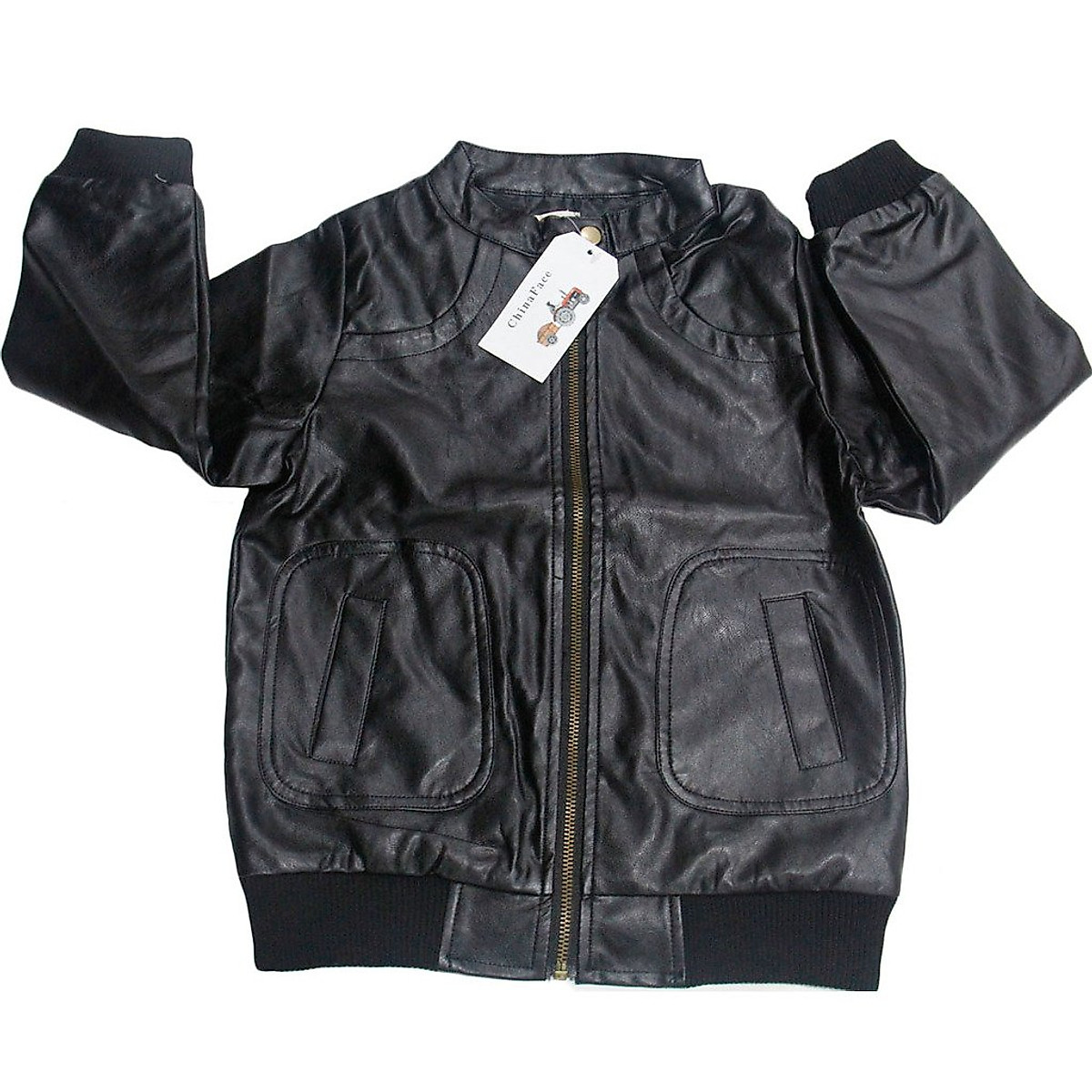 Chinaface Boy's Trendy Stand-Collar PU Leather Spring Moto Jacket Black, 7/8T