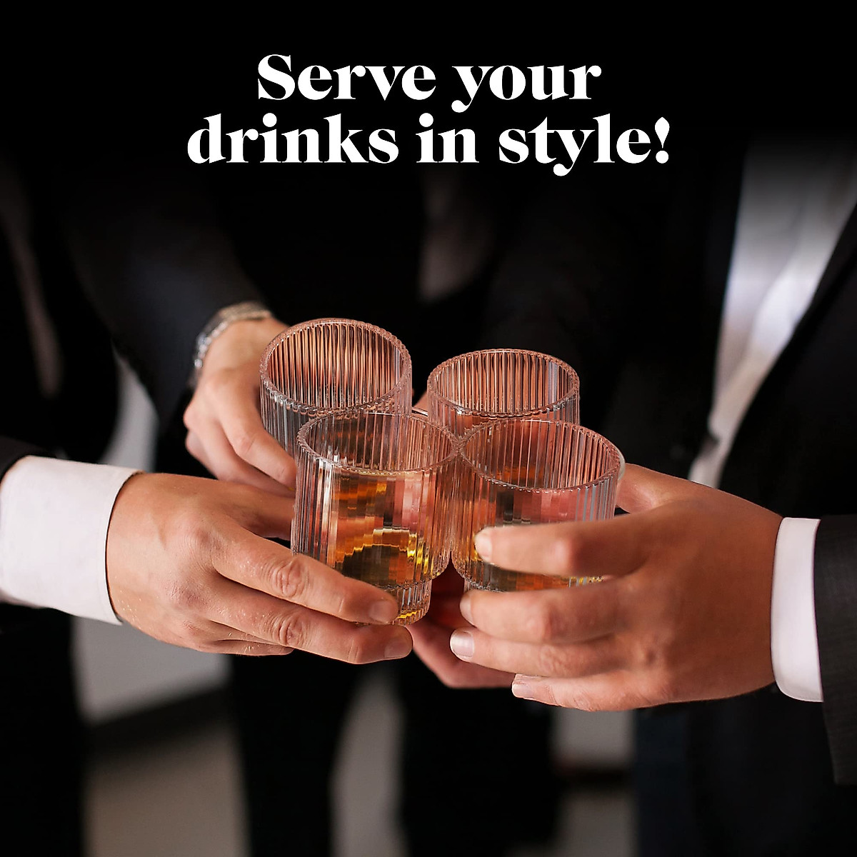 American Atelier Vintage Art Deco Fluted Drinking Glasses | Ribbed Glassware for Cocktail, Gin, Whiskey, & More | Modern Glassware | Lowball Fluted Cocktail Glasses | Set of 4 | 9 Oz (Clear)