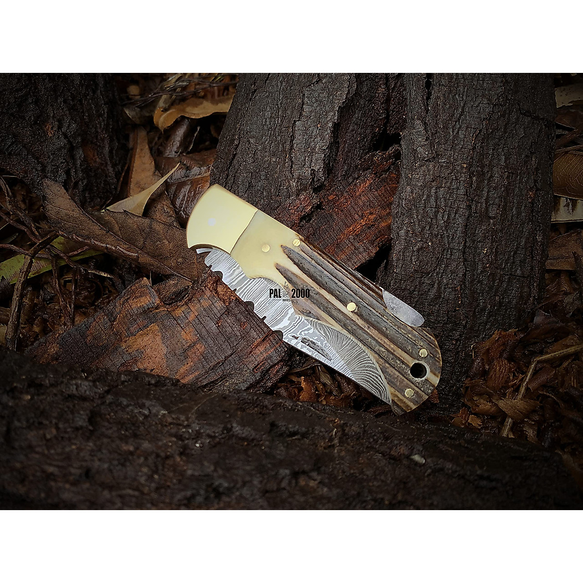 PAL 2000 KNIVES FOL-6016 Handmade Damascus Steel Folding Pocket Knife With Leather Sheath