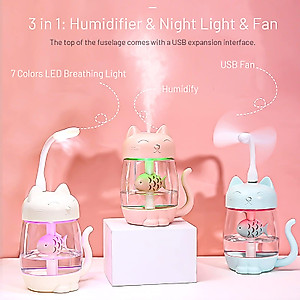 USB Cat Cool Mist Humidifier, 3 in 1 350ml Polyme Water Mist Mode & Auto Shut-Off, Vency Baby Humidifier with 6 Color LED Lights Changing, for Home Car Office, Air Humidifier with Small Fan(Pink)