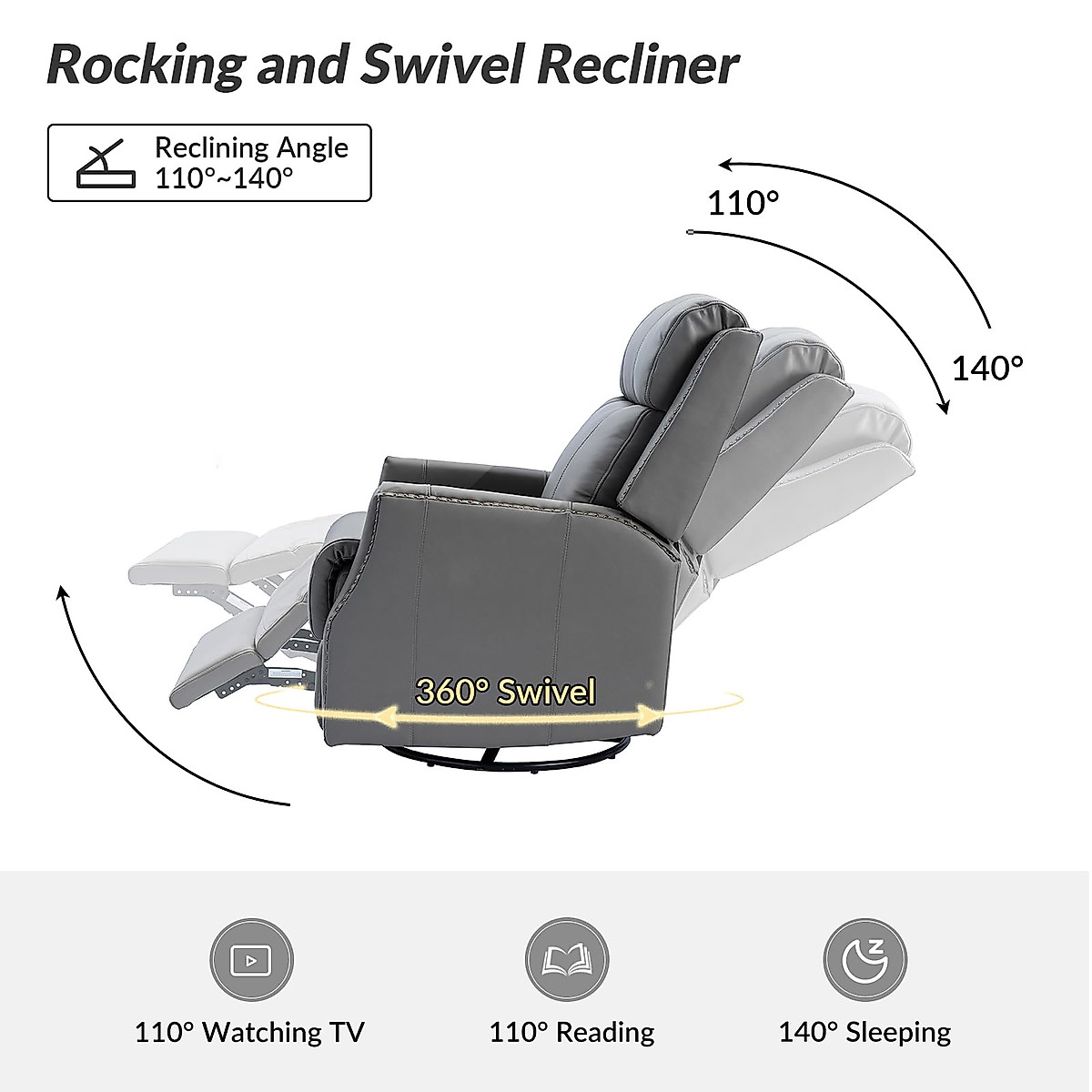 HULALA HOME Genuine Leather Swivel Rocker Recliners Set of 2 with Metal Base, Manual Glider Recliner Chairs with Adjustable Backrest & Footrest, Home Theater Sofa Armchairs for Living Room, Dove