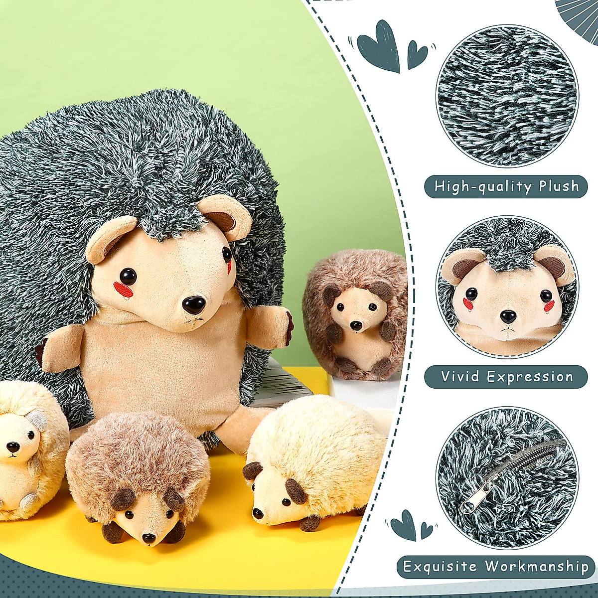 5 Pieces Hedgehog Stuffed Plush Toy Set 1 Mommy Hedgehog Stuffed Animal with 4 Cute Plush Baby Hedgehogs in Her Tummy 14 Inch Soft Cuddly Plushie Set for Boys and Girls Birthday Gifts Party Favors