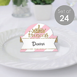 Big Dot of Happiness Little Princess Crown - Pink and Gold Princess Baby Shower or Birthday Party Tent Buffet Card - Table Setting Name Place Cards - Set of 24