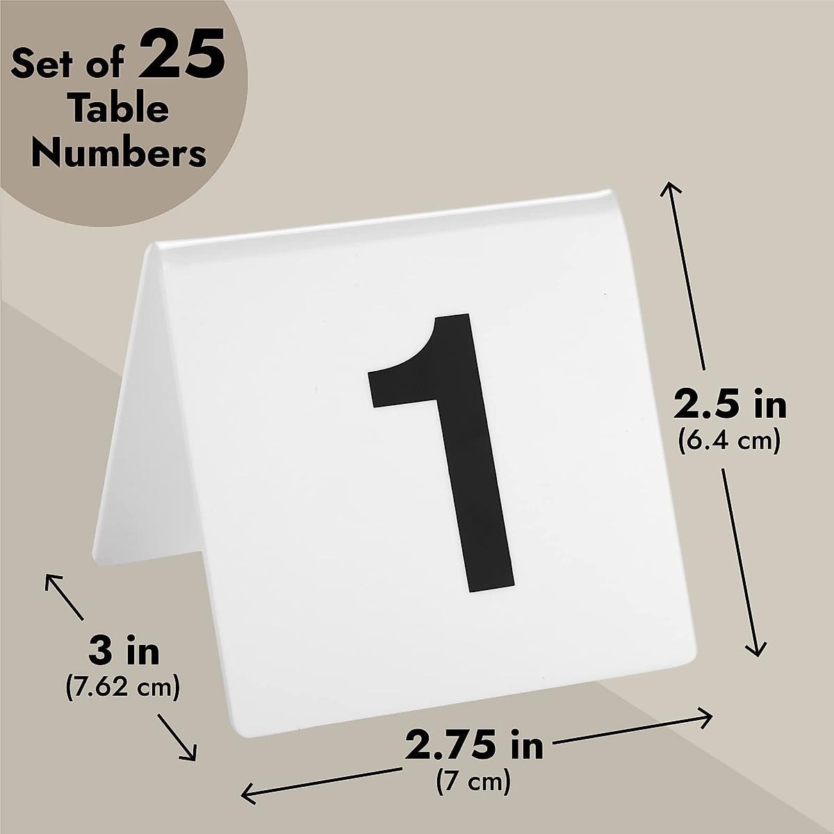 Juvale Set of 25 Restaurant Table Numbers 1-25, Double-Sided Acrylic Tent Table Numbers for Events, Banquets, Food Service, Wedding Receptions (Black and White, 3x2.75x2.5 in)