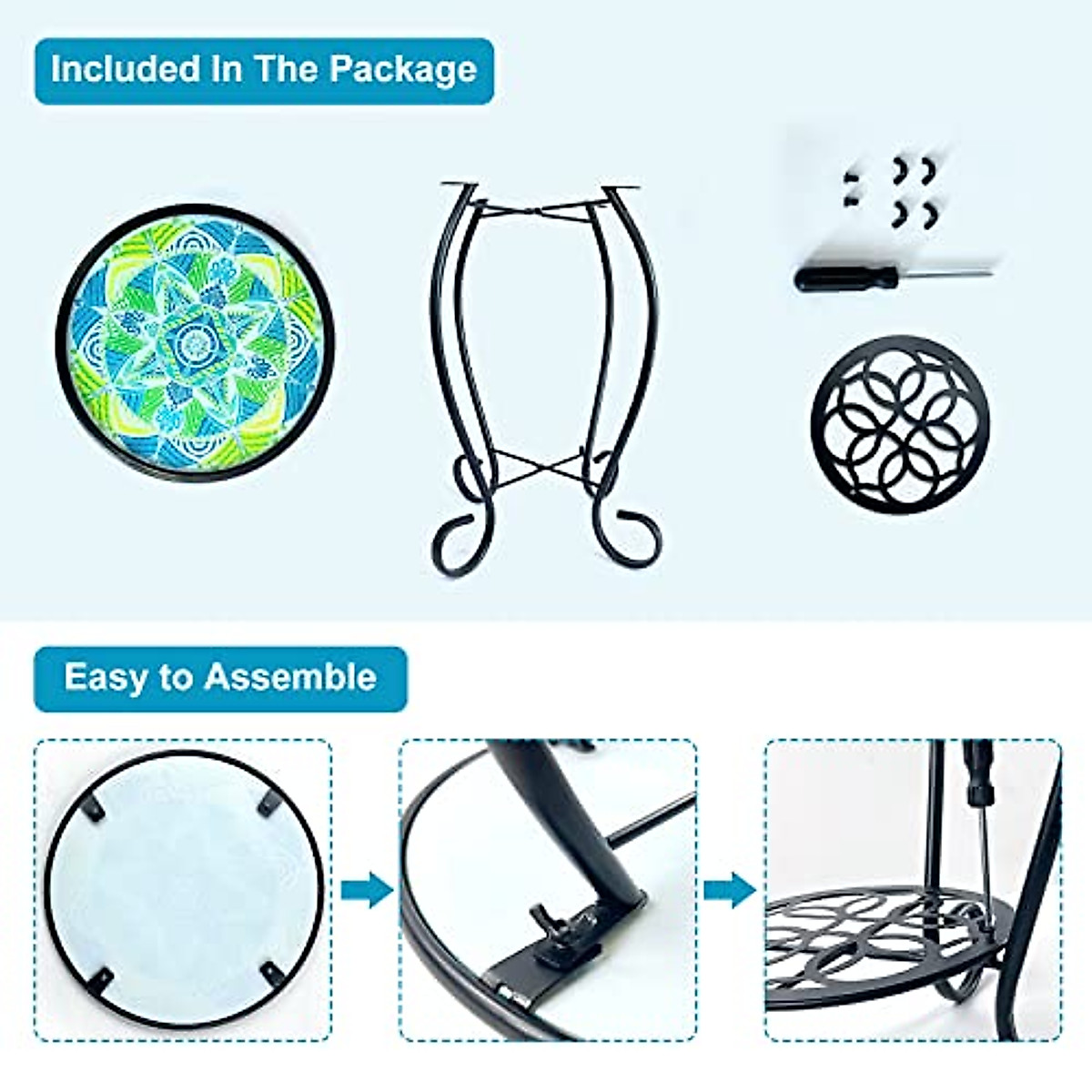 HONGLAND Mosaic Outdoor Side Table, 14" Round Patio Side Table, Mosaic Plant Stand, End Table W/Storage Shelf, Small Bistro Coffee Table for Garden Patio Porch Living Room(Green)