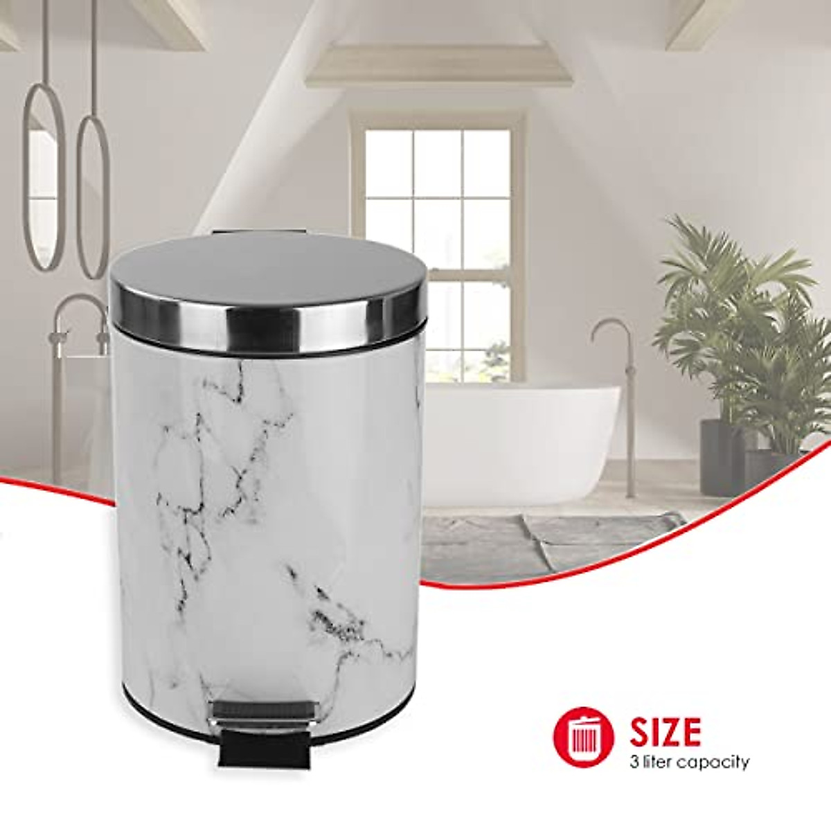 Home Basics Marble Ceramic 4 Piece Bath Accessory Set, White | Faux Marble Toilet Brush Set, White | Faux Marble 3 Liter Waste Bin, White