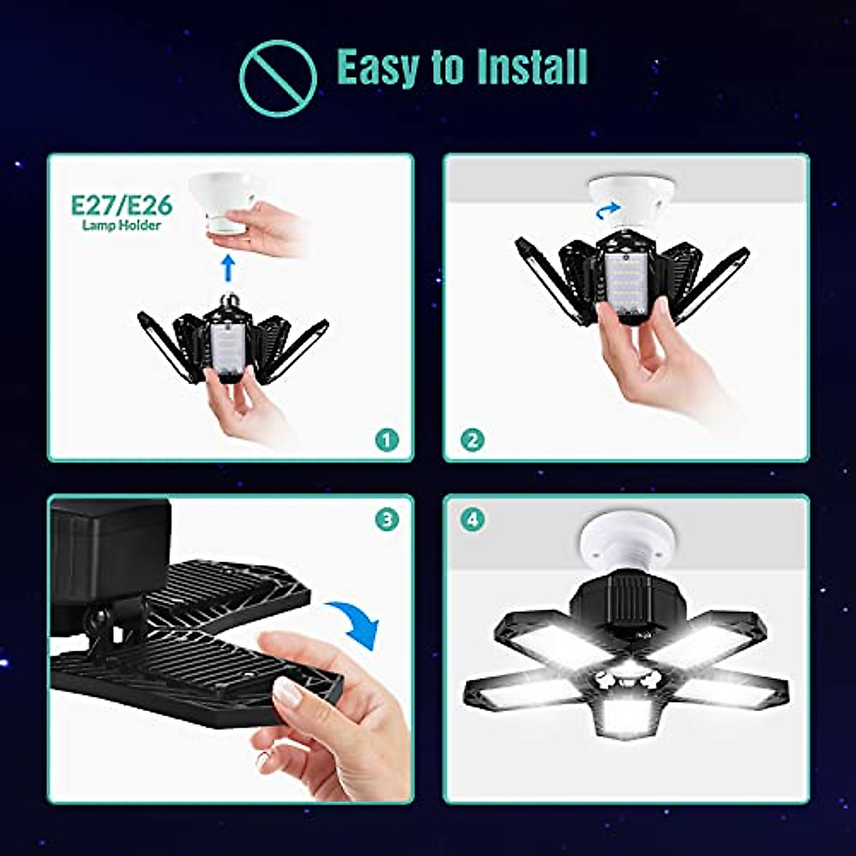 Garage Light Bulb Deformable LED Garage Lights 100W 10000LM 6500K Super Bright Garage Lighting Shop Light with 5 Adjustable Panels and Center Panel E26/E27 Ceiling Lights for Garage Basement - 2Pack