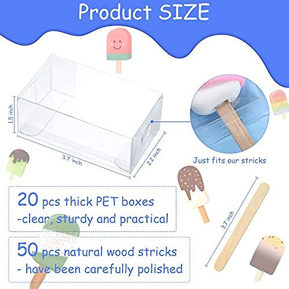 Perthlin 20 Boxes 50 Sticks 3.7 x 2.2 x 1.5 Inches Cakesicle Boxes Clear PET Candy Treat Box Goody Box Wooden Craft Sticks Ice Cream Sticks for Kitchen DIY Baking Wedding Baby Shower Birthday Party