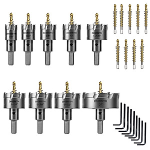 Carbide Hole Saw Kit, TCT Hole Saw Set Heavy Duty for 9 Precise Holes in Stainless Steel Hard Metal,Size 5/8” 3/4” 7/8” 1” 1-1/8” 1-1/4” 1-3/8” 1-1/2” 2”, 9 Extra Pilot Bits in Carrying Case