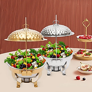 Chafing Dish Buffet Set Gold/Silver,4.5L Round Stainless Steel Chafing Dish Buffet Set Buffet Servers and Warmers Warming Tray for Kitchen Party Banquet (Silver)