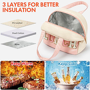 Lunch Bag for Women Insulated Lunch Bag For Men PU leather Small Lunch Bag for Office Work lunch Bag with Chenille Letters Leakproof Freezable Cooler Bag Reusable Portable Lunch Box (White&Pink)