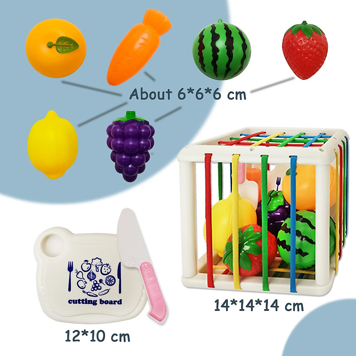 TwKueor Baby Shape Sorting Cube with Kitchen Cutting Fruit Toys, Sensory Bin with Colorful Elastic Rope for Toddlers, Babies and Kids Early Educational Montessori Learning Developmental STEM Toys