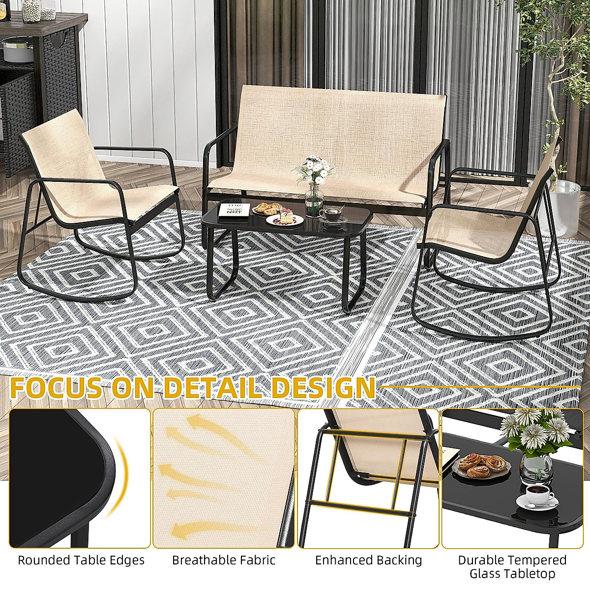 DWVO 4 Piece Patio Furniture Set, Outdoor Conversation Sets for Patio, Lawn, Garden, Poolside with Rocking Chair Set of 2 and Glass Coffee Table - Brown