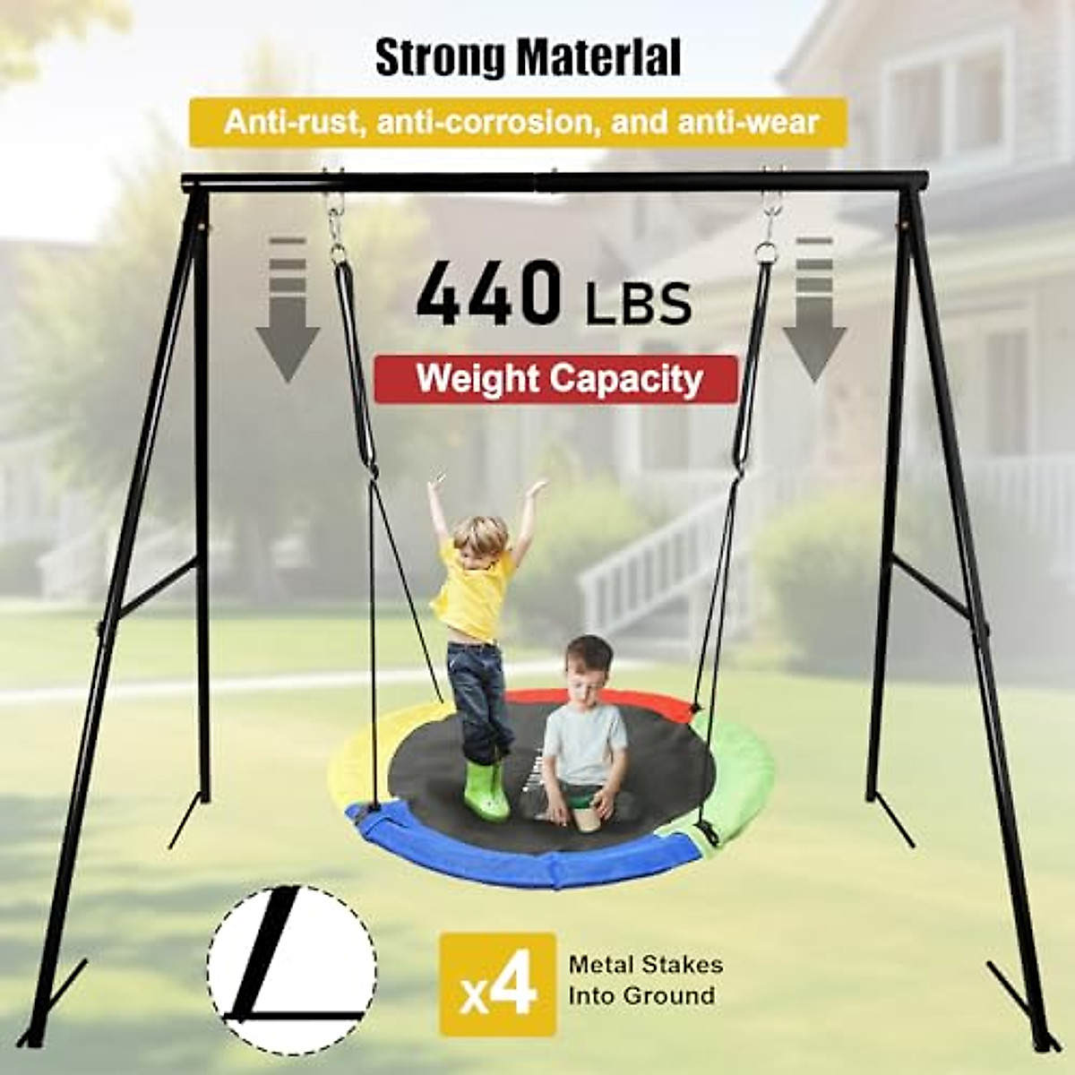 Hishine Swing Stand for Porch Outdoor Heavy Duty Swing Frame, Full Steel Metal Frame with 4 Ground Pegs, 71" Height Holds Up to 550lbs, Black (Swing NOT Included)