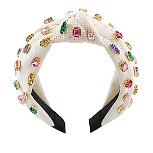 Gmmidea Jeweled Knotted Headband for Women Girls Sparkly Crystal Rhinestone Headband Wide Top Knot Women's Embellished Headband Hair Accessories Beige