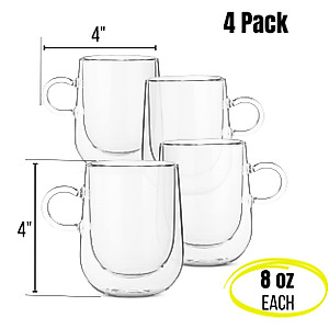 BTaT- Double Wall Glass Coffee Mugs, 8 oz (240ml), Set of 4, Double Glass Coffee Cups, Double Wall Coffee Mugs, Double Insulated Coffee Mugs, Clear Latte Mugs, Glass Coffee Mug, Clear Mugs