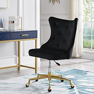 24KF Upholstered Tufted Button Velvet Office Chair with Golden Metal Base,Adjustable Height Swivel Office Chair -Black