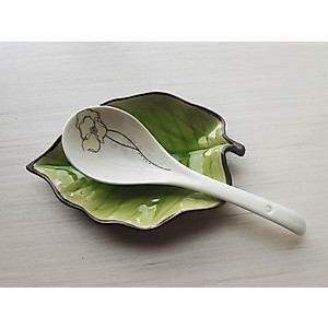 Ceramic Spoon Rest Cooking Spoon Holder for Kitchen Counter/Stove Top/Dining Table with Cute Spoon, Leaf Shaped, Modern Farmhouse Decorative, 7.5x5.1 inch
