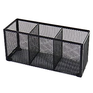 Flytreal Black Mesh Pen Pencil Holder, Small Metal Desk Organizer Desktop Stationery Office Supplies Acessories Storage Stand, 3 Compartments Brushes Holder for Home School Classroom Teachers