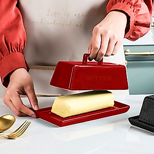 Eeaivnm Butter Dish with Lid, Butter Keeper Porcelain,7" Butter Dishes-Dishwasher Safe, Ceramic Butter Dish with Handle Design for Countertop (Red)