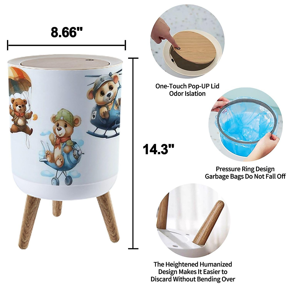 LGCZNWDFHTZ Small Trash Can with Lid for Bathroom Kitchen Office Diaper Animal Set Bear Flies a Parachute Helicopter 3D Style Bedroom Garbage Trash Bin Dog Proof Waste Basket Cute Decorative