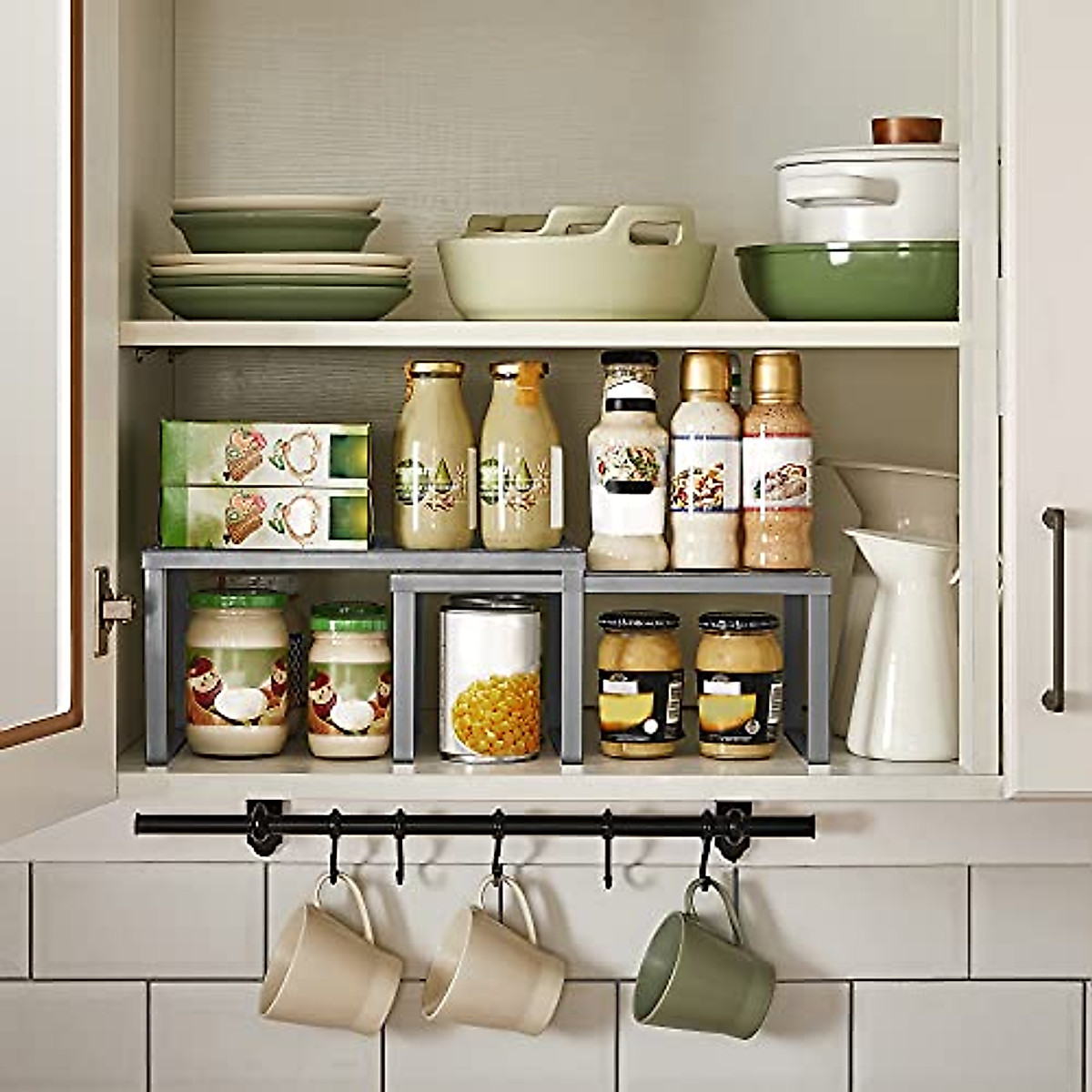 SONGMICS Cabinet Shelf Organizers, Shelf Organizer, Countertop Organizer, Shelf Riser, Stackable, Expandable, Set of 2 Metal Kitchen Counter Shelves, Silver UKCS01SV