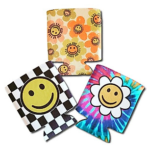 Retro Kozie Vintage Style Smiley Happy Face Flower Power Tie Dye Set of 3 Gift Can Cooler Coozie 60's 70's 80's Theme Checkerboard Hippy Hippie Party Favor Game Beverage Birthday Tiedye SMILEX3KOOZ