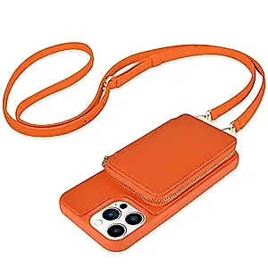 ZVE for iPhone 13 Pro Wallet Case Crossbody, Zipper Phone Case with RFID Blocking Card Holder Wrist Strap Purse Cover Gift for Women Carrying Compatible with iPhone 13 Pro (6.1 inch, 2021)-Orange