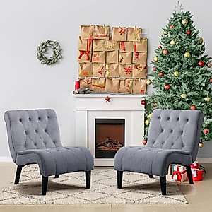 AVAWING Armless Accent Chair Set of 2, Upholstered Button Tufted Living Room Chairs with Wood Legs, Comfy Frosted Velvet Lounge Chair Reading Chair for Bedroom, Grey