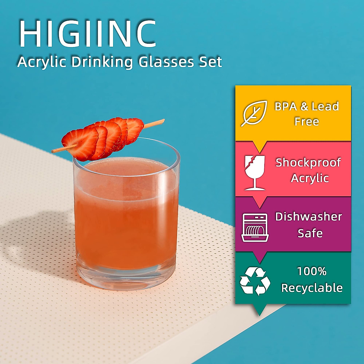 HIGIINC 12oz Plastic Drinking Glasses Set of 6, Dishwasher Safe Reusable Plastic Water Tumblers, Durable Whiskey Drinkware Cups Set, Shatter-Proof, Drinking Cups Suitable for Party, Kitchen