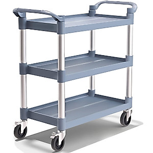 BRLJUNEO Plastic Utility Carts with Wheels, 3-Tier Medium Size Restaurant Food Cart, Heavy Duty 510lbs Capacity Rolling Service Cart w/Hammer for Commercial, Kitchen, Office (Lockable Wheels, M-Grey)