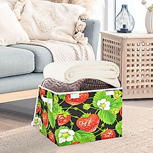 DIGTIA Storage Bins with Lids Strawberry White Flowers Foldable Storage Boxes with Handles Fruits Green Leaves Large Storage Basket Collapsible Organizer Containers for Closet Home Bedroom Office