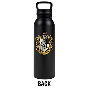 Harry Potter OFFICIAL Hufflepuff Crest 24 oz Insulated Canteen Water Bottle, Leak Resistant, Vacuum Insulated Stainless Steel with Loop Cap, Black